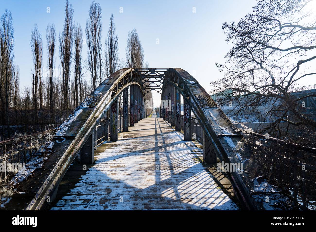 steel bridge in the forest in winter Stock Photo - Alamy