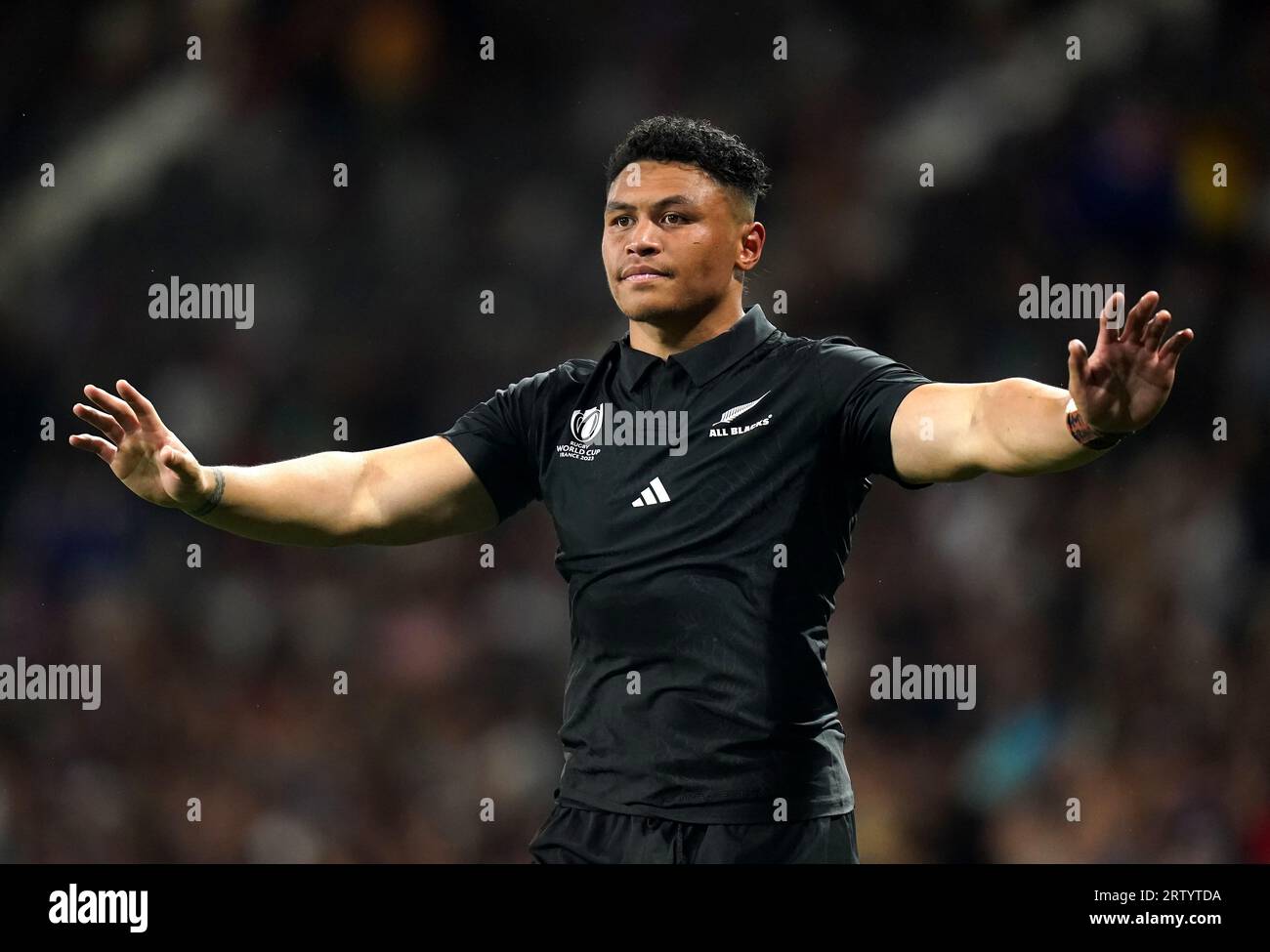 New Zealand's Caleb Clarke celerbates following the Rugby World Cup ...