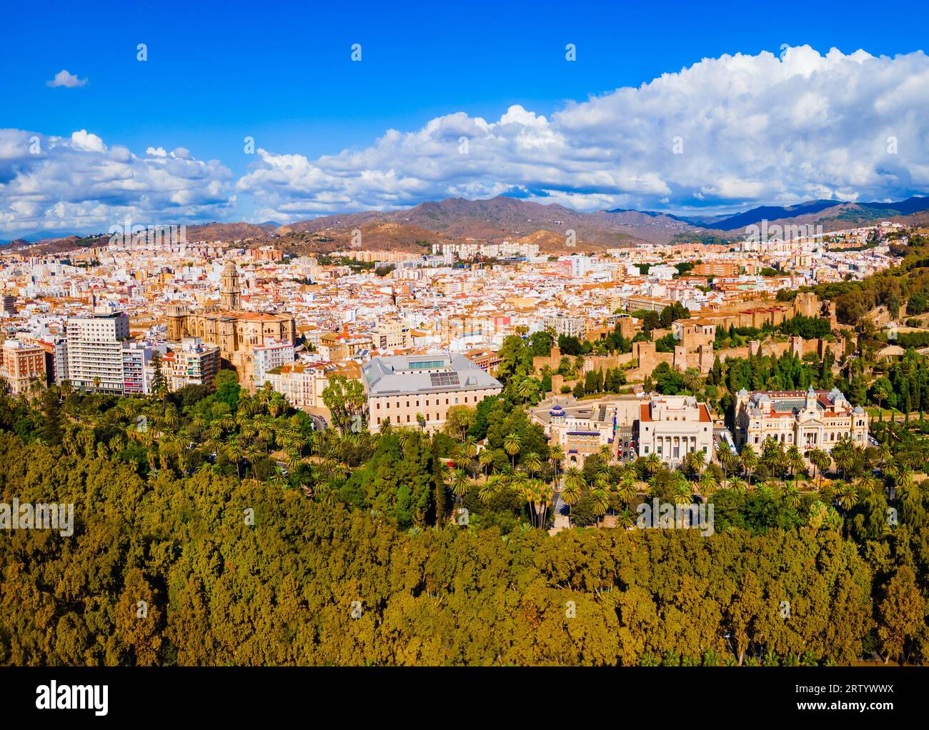 Alcazaba and Malaga Cathedral aerial panoramic view. Alcazaba is a ...