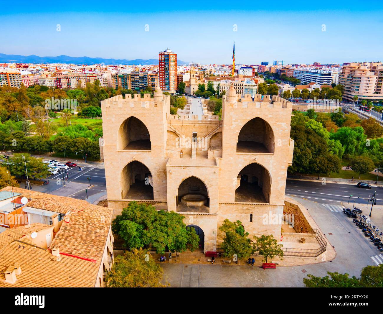 The Serrans Gate or Serranos Towers aerial panoramic view, it is a 14th ...