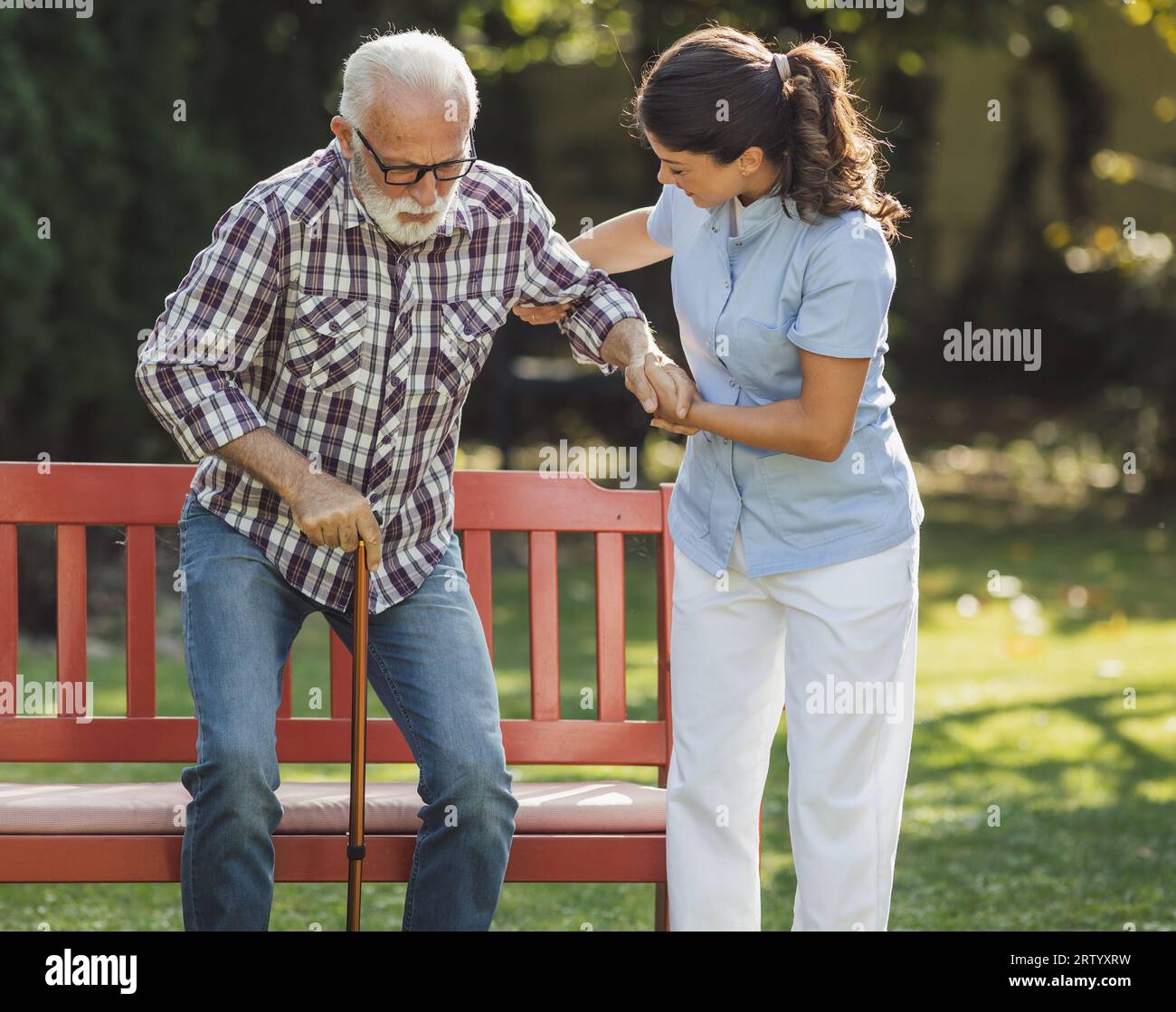 Young woman caregiver helping senior man to get up from bench in park ...