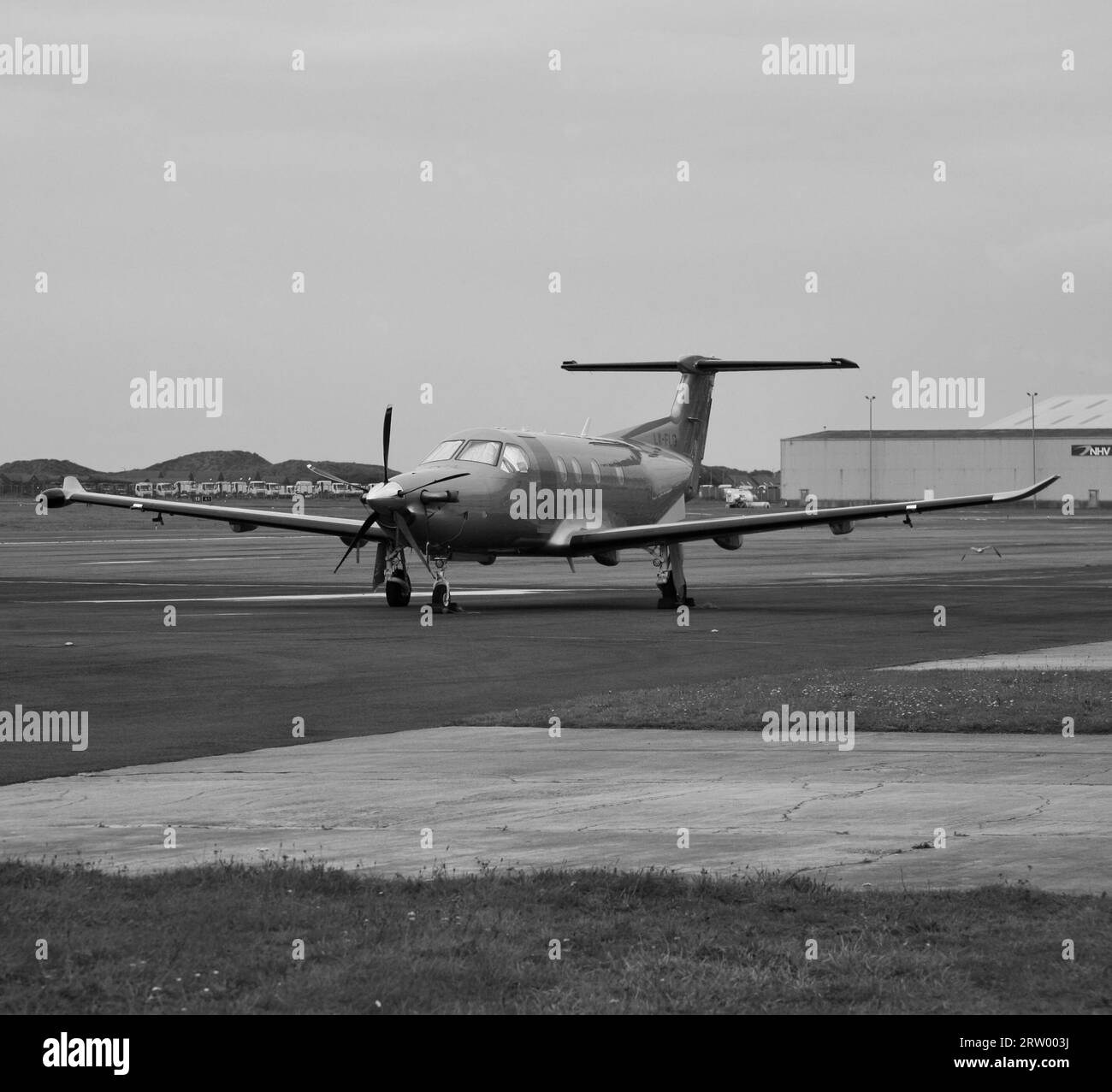 A Pilatus PC-12 aircraft at Blackpool Aerodrome, Blackpool, Lancashire ...