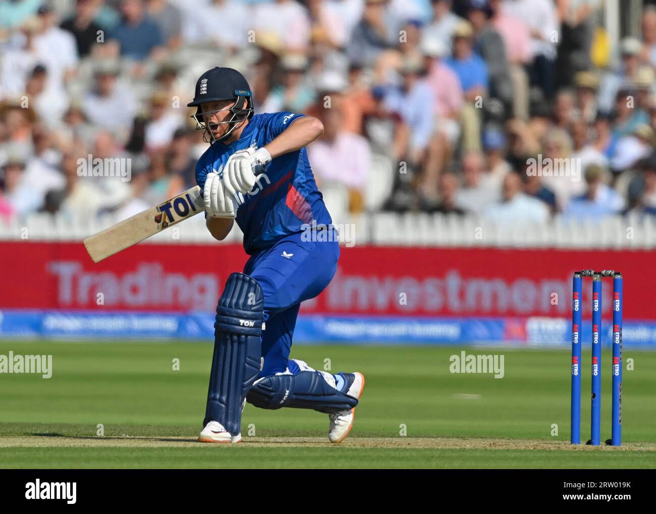 London ENGLAND - Sept 15 2023 : Jonny Bairstow r of England reacts the ...