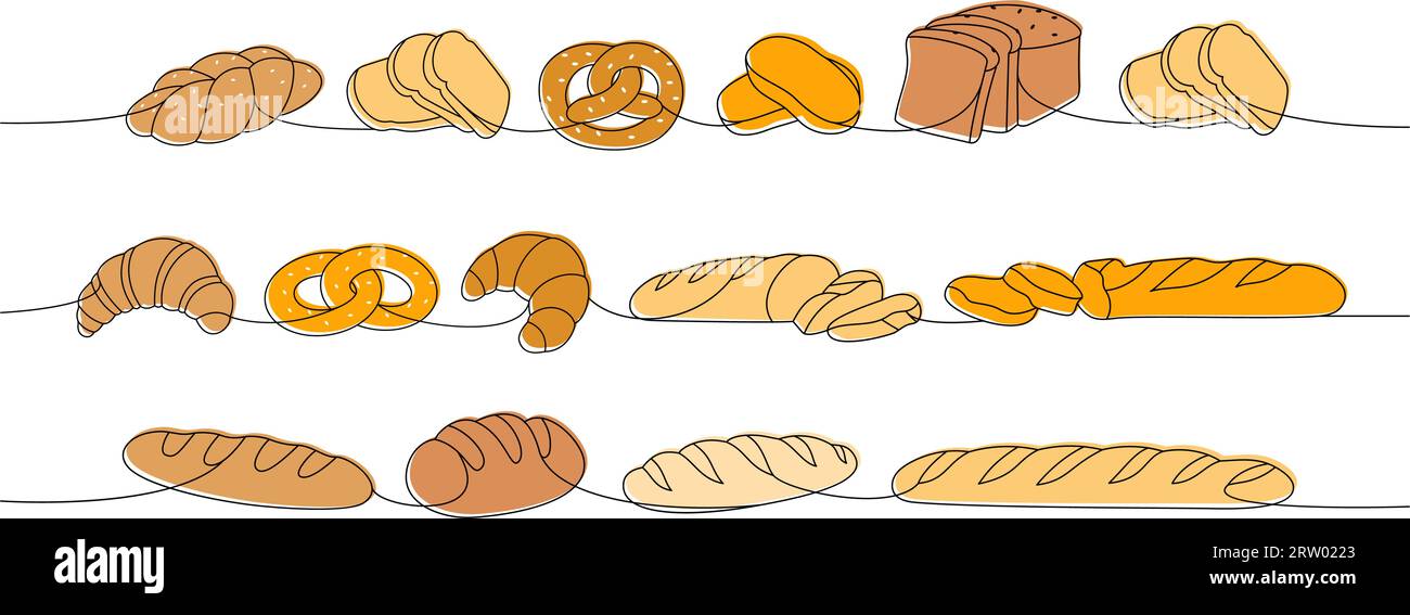 Fresh breads one line colored continuous drawing. Wheat bread, pretzel ...