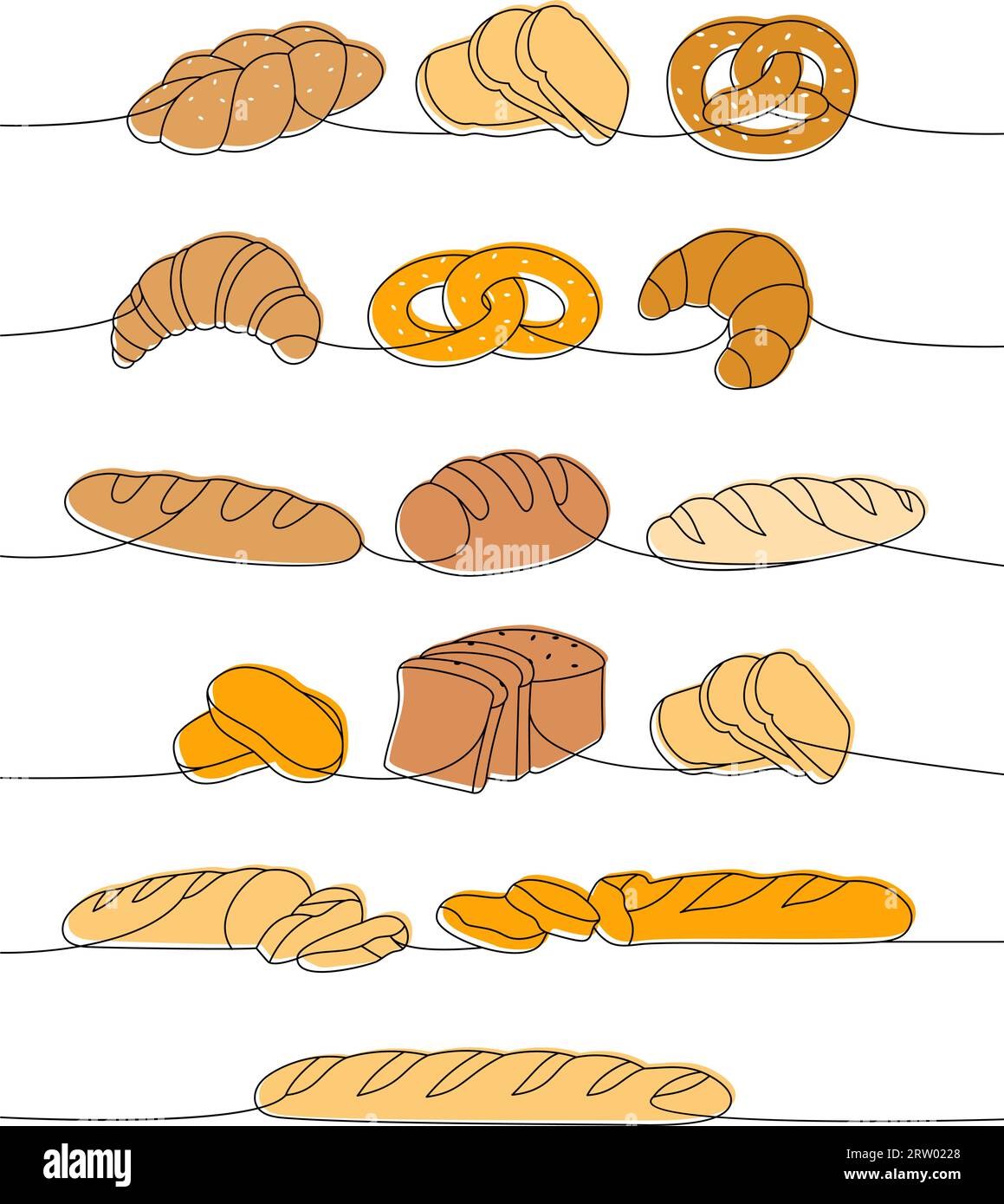 Set of bakery products one line colored continuous drawing. Wheat bread ...