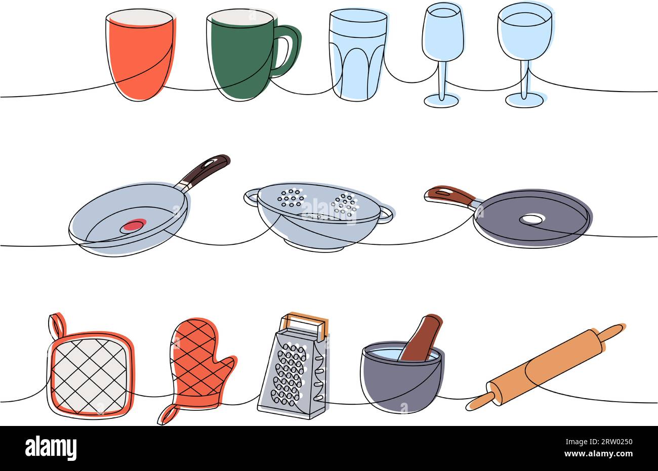Kitchen utensils one line colored continuous drawing. Mug, cup ...