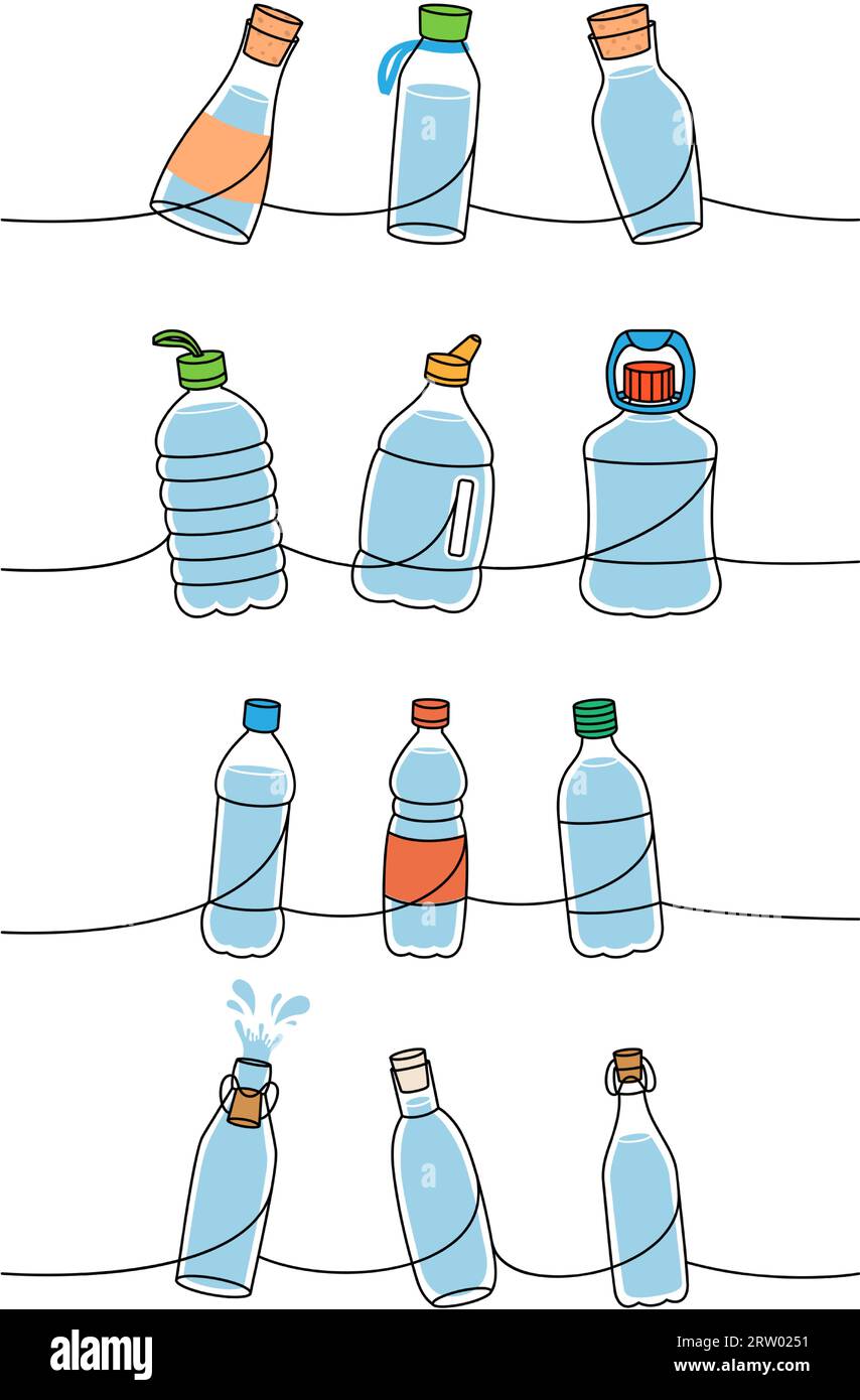 Set of bottles one line colored continuous drawing. Empty glass and ...
