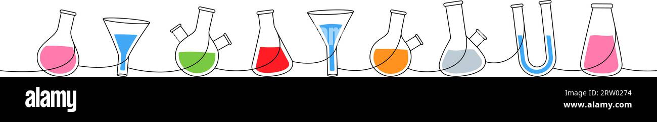 Laboratory glassware one line colored continuous drawing. Round bottom ...