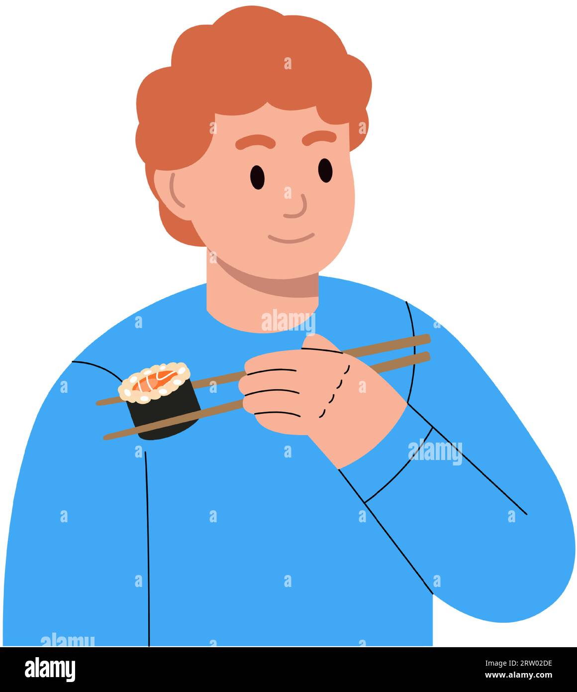 Young man eating fast food sushi. Asian traditional food. Illustration ...