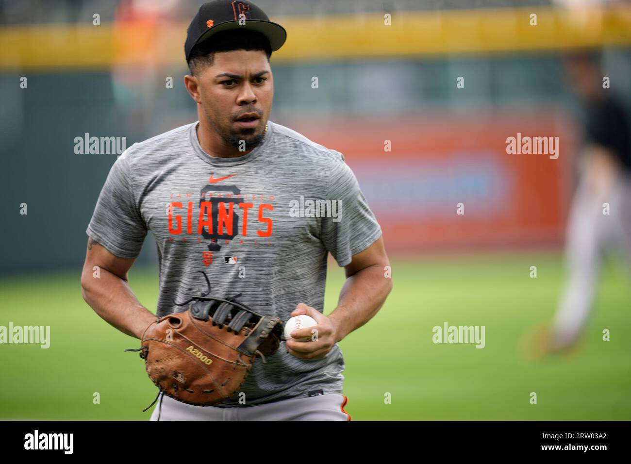 San Francisco Giants first baseman LaMonte Wade Jr. warms up for the ...