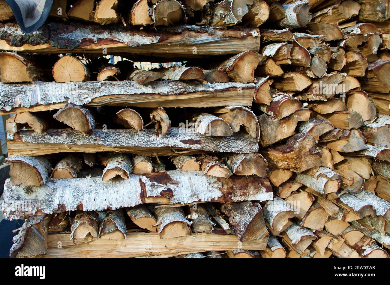 Close-up of wood pile with split birch wood Stock Photo - Alamy