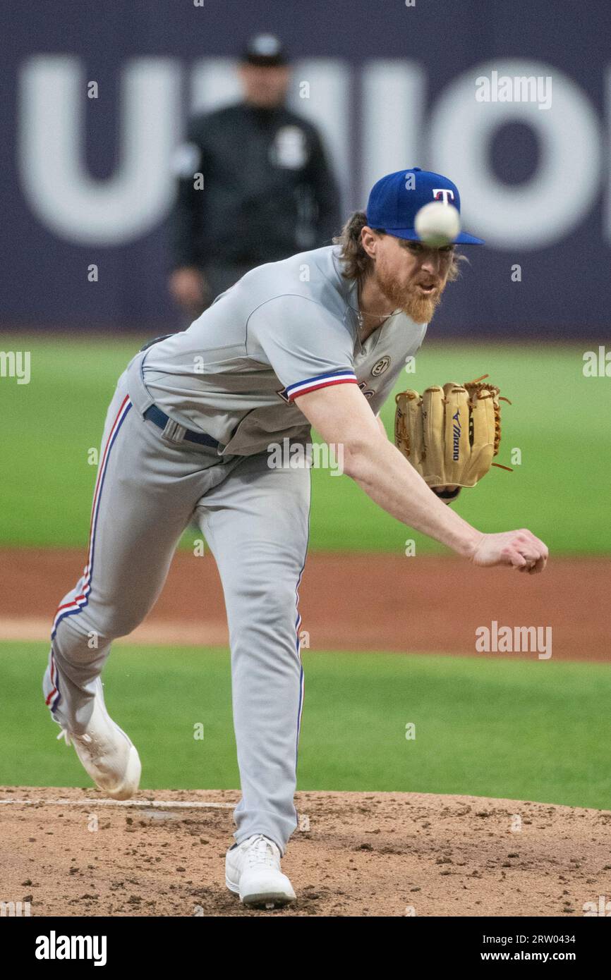 Texas Rangers starting pitcher Jon Gray delivers against the Cleveland ...