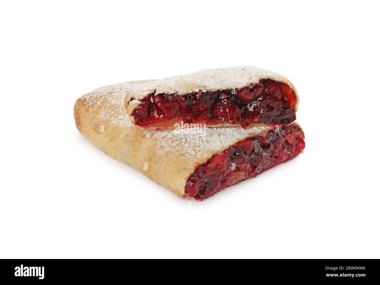 Delicious cut strudel with cherries isolated on white Stock Photo - Alamy