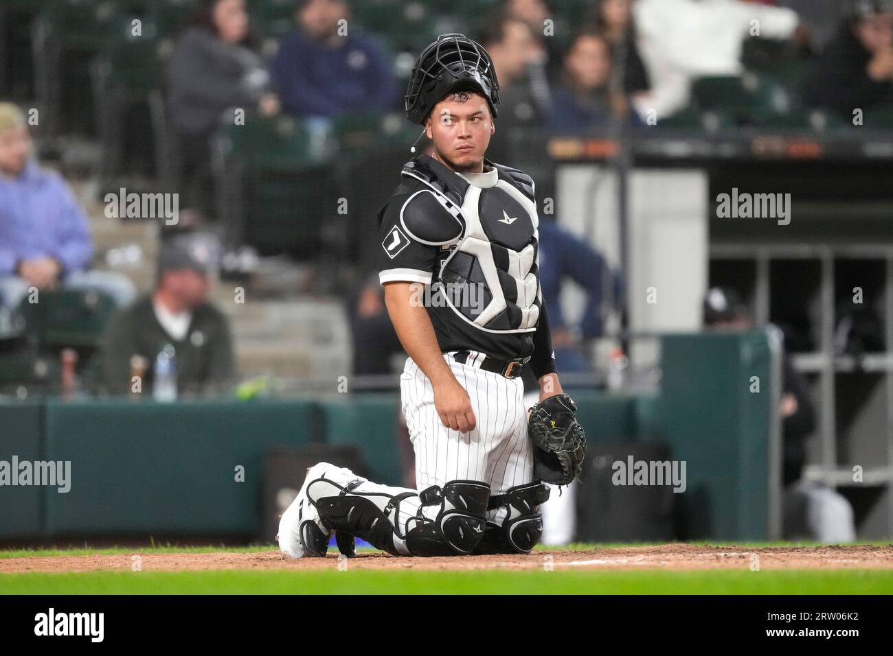 Chicago White Sox catcher Carlos Perez looks over into themKansas City ...