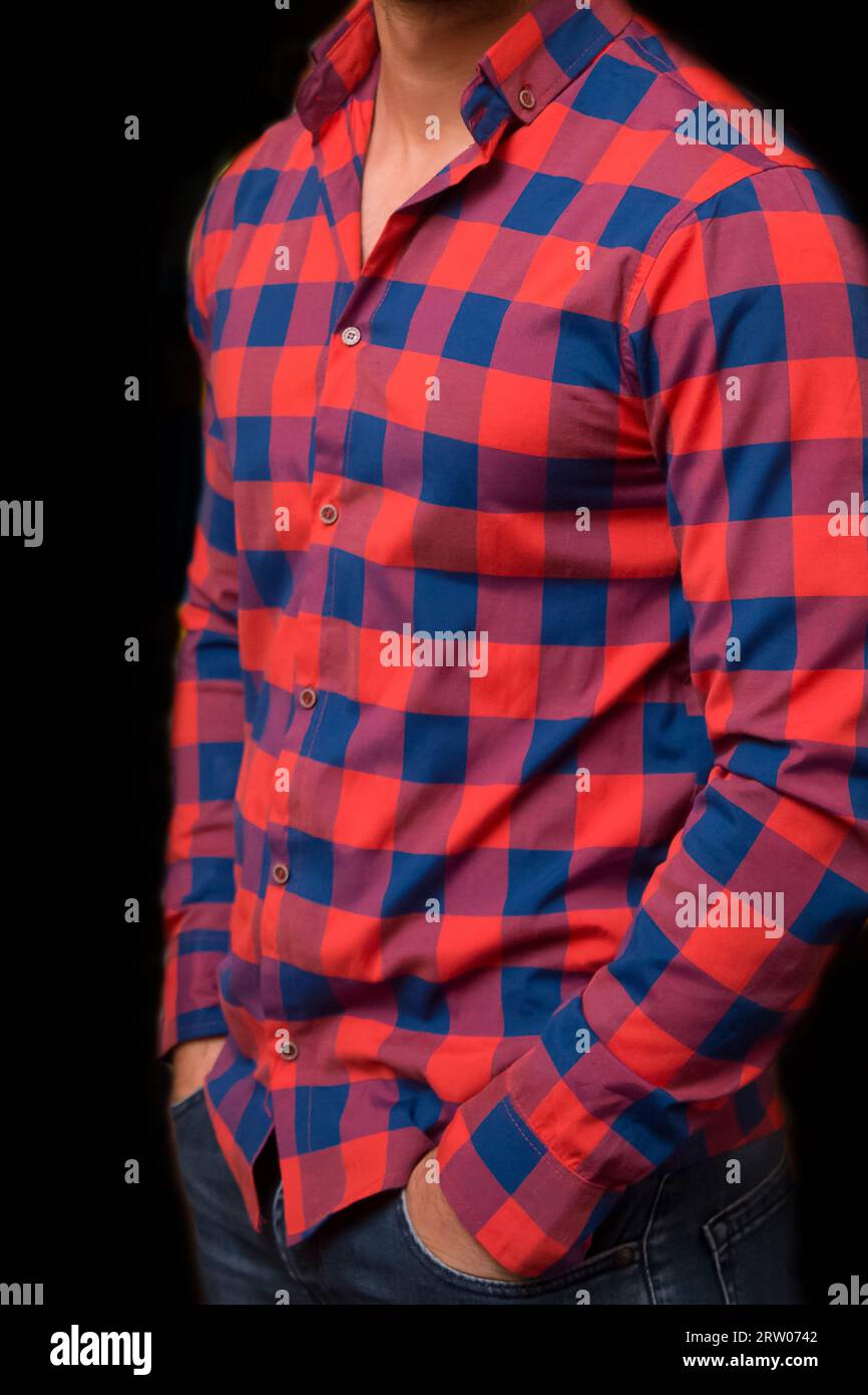 Men's business style clothing and fashion red shirt with a large check ...