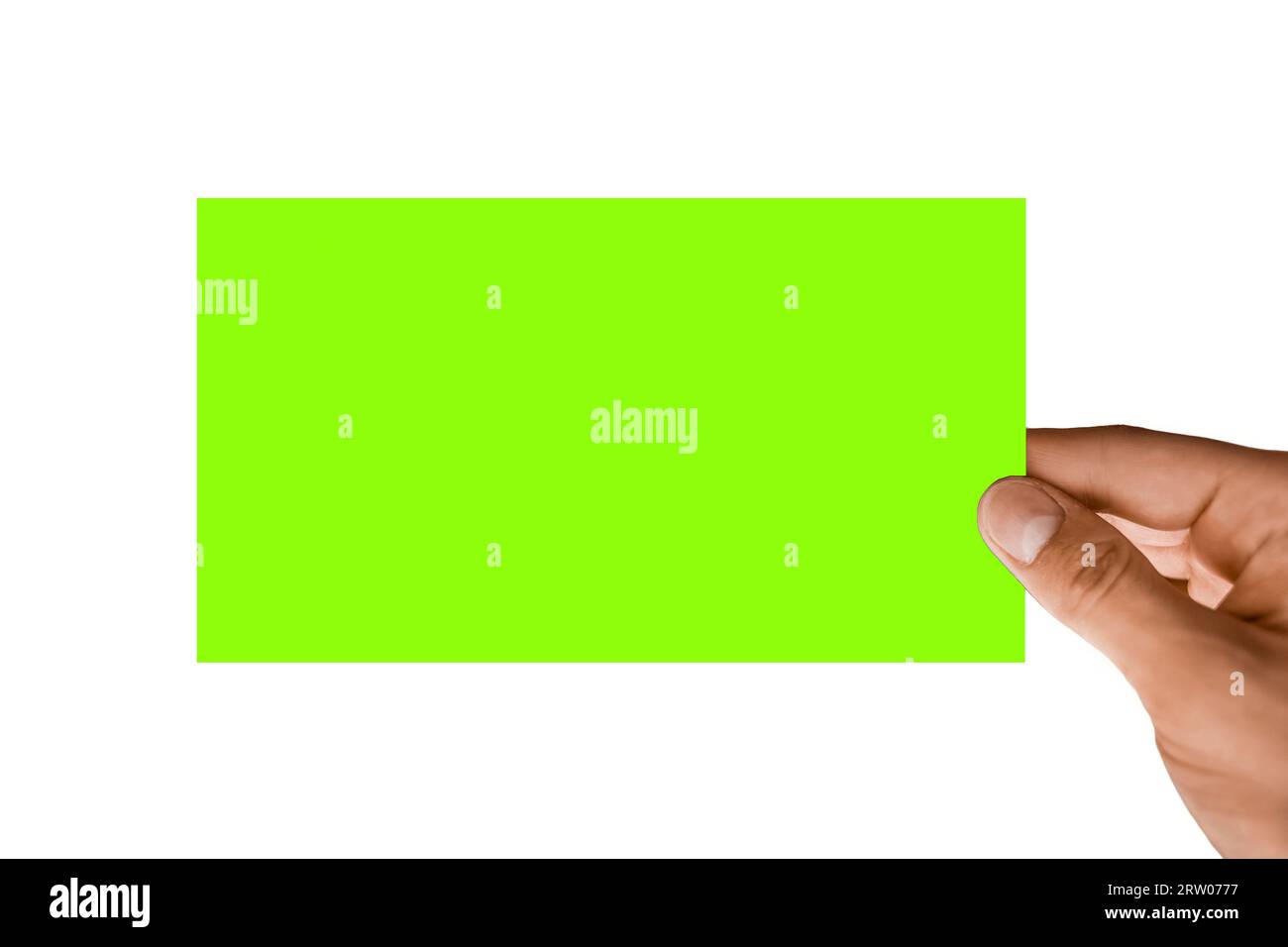 The person's hand holds a white green screen square text design blank ...