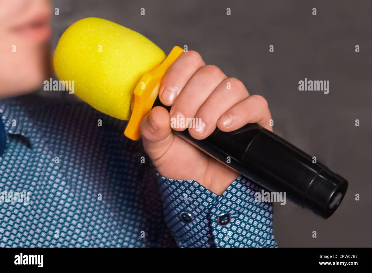 The person's hand holds a microphone, a professional karaoke singing ...