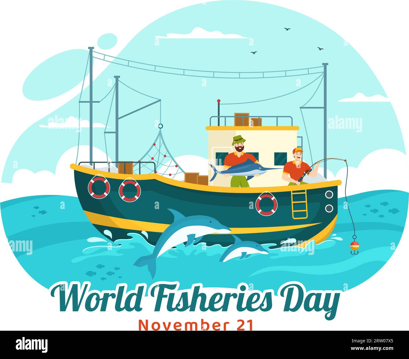 World Fisheries Day Vector Illustration of Fisherman with Fishing Rod ...