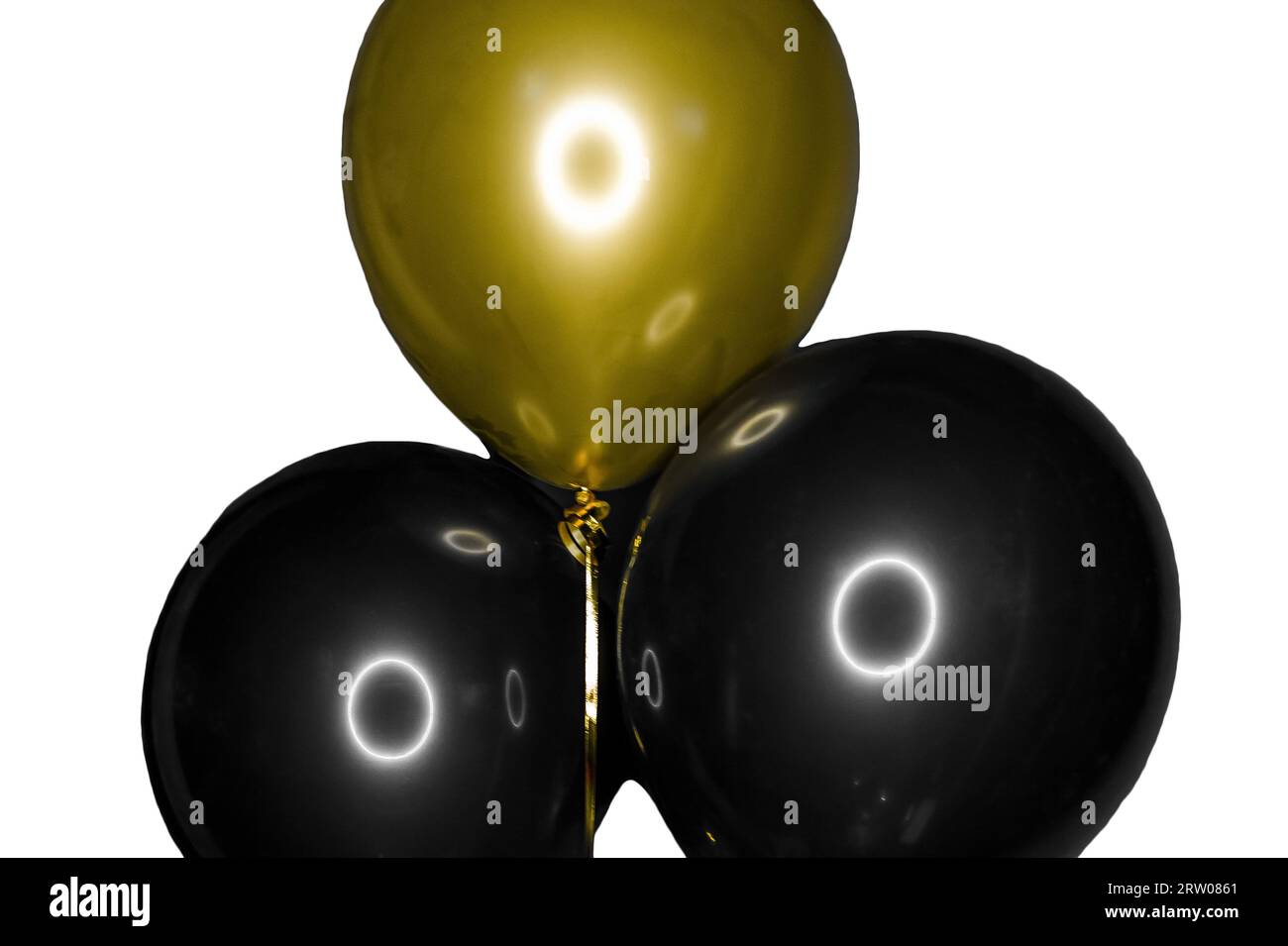 Gold color and black helium balloons object for birthday party on white ...