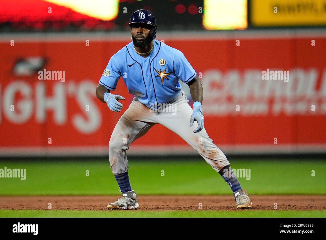 Tampa Bay Rays' Randy Arozarena leads off from first base against the ...