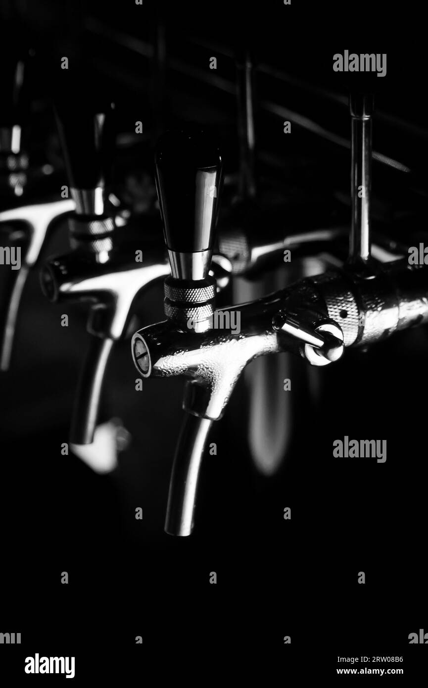 Beer silver taps kegerator object on a black background, close up Stock ...