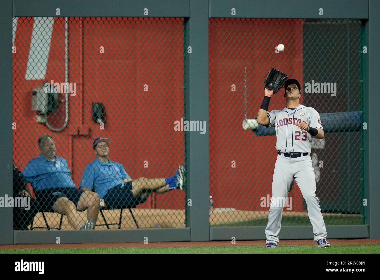 Houston Astros left fielder Michael Brantley catches a fly ball for the ...
