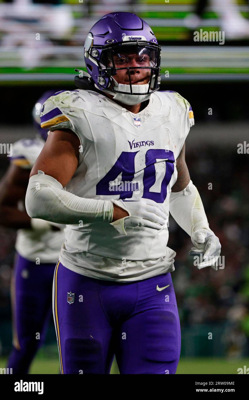 Minnesota Vikings linebacker Ivan Pace Jr. (40) on runs off the field during halftime of an NFL ...