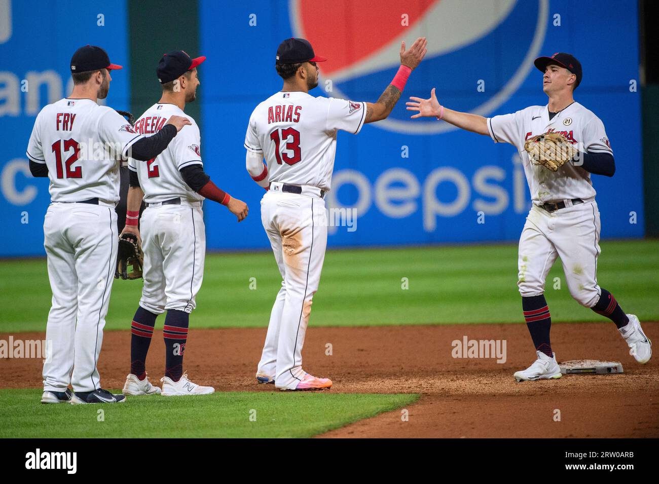 Cleveland Guardians' David Fry (12), Tyler Freeman (2) and Gabriel ...
