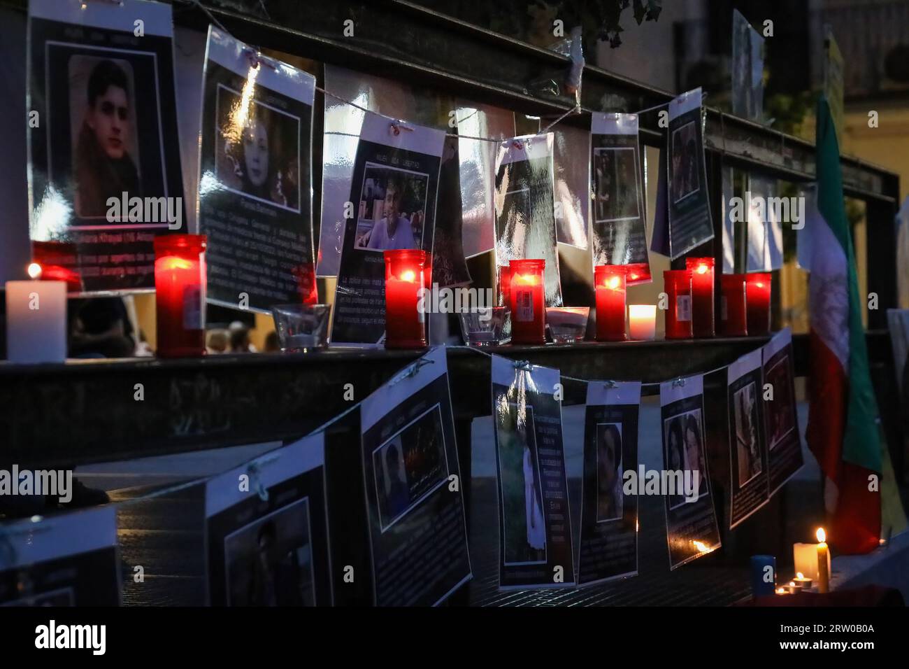 Madrid, Spain. 15th Sep, 2023. Portraits of victims and several candles ...
