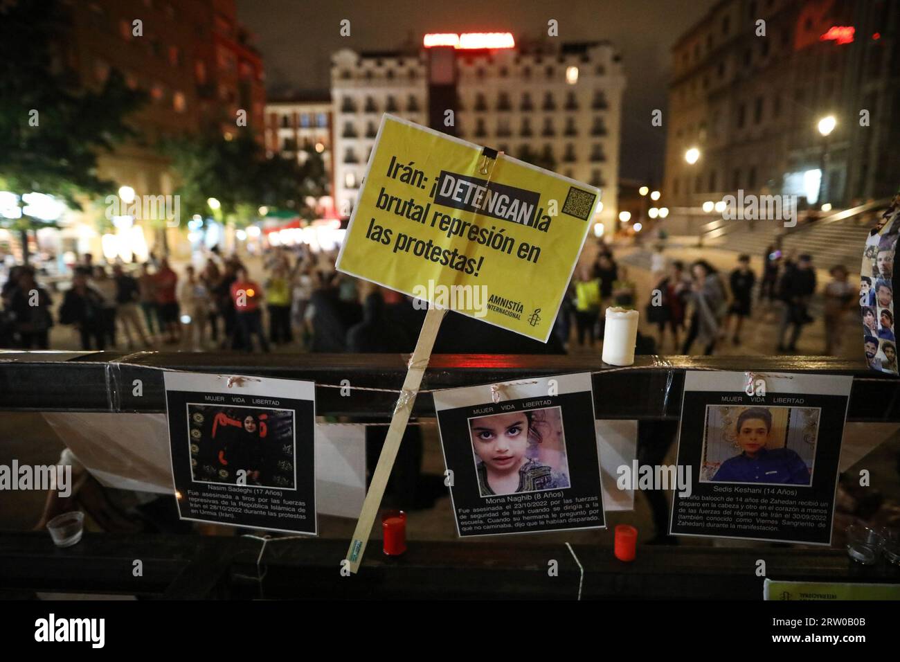 Madrid, Spain. 15th Sep, 2023. Portraits and a placard are placed in ...