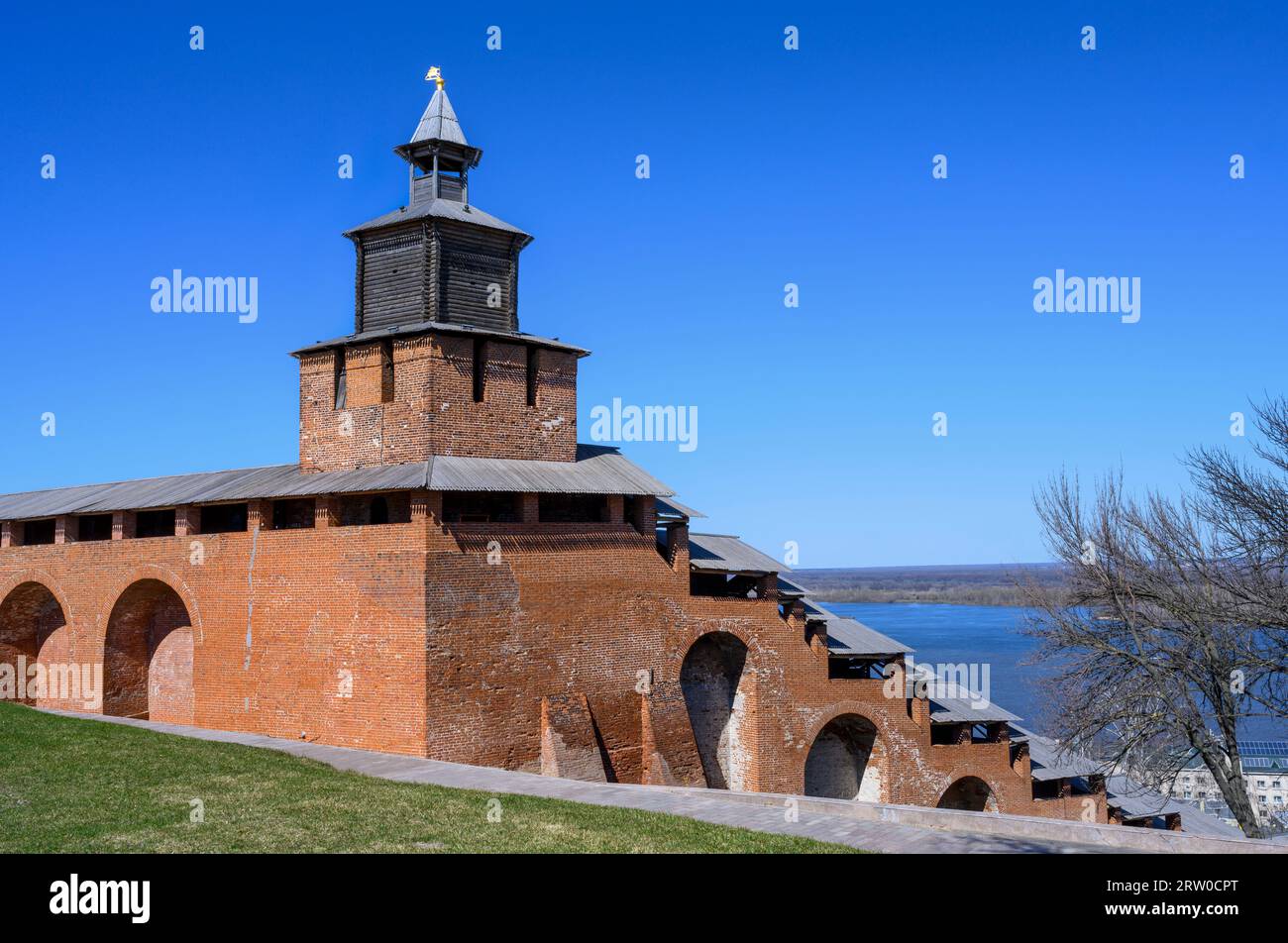 View of the fortress wall and towers of the ancient Kremlin on the Volga River bank in Nizhny ...