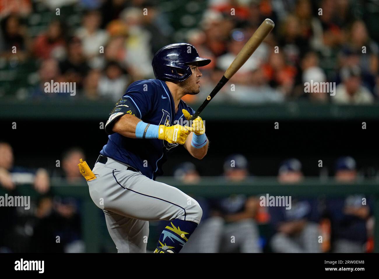 Tampa Bay Rays' Jonathan Aranda follows through on a swing in the ninth ...