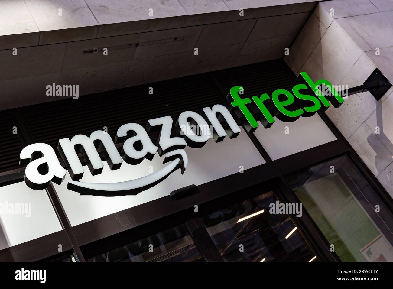 London, UK. 14th Sep, 2023. Amazon Fresh logo is seen in the City of London, the capital's ...