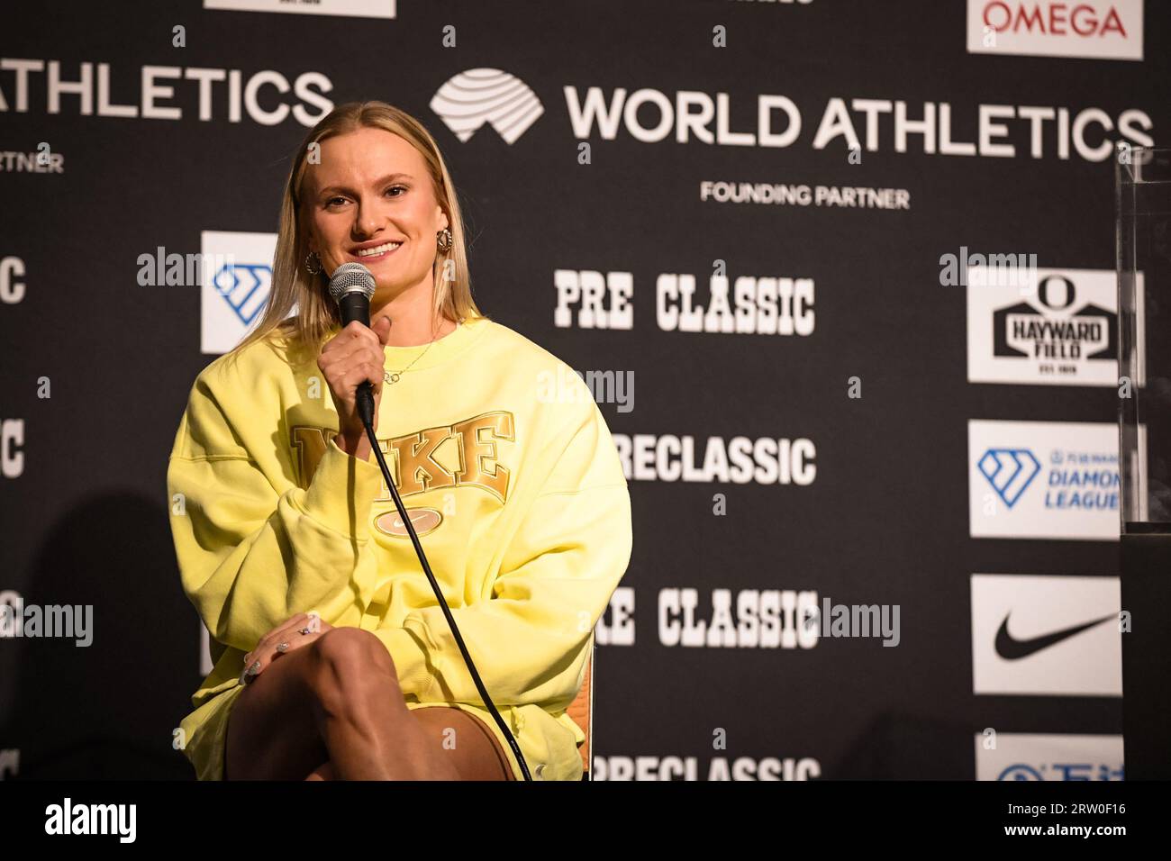 Katie Moon (USA) at press conference at the Diamond League ...