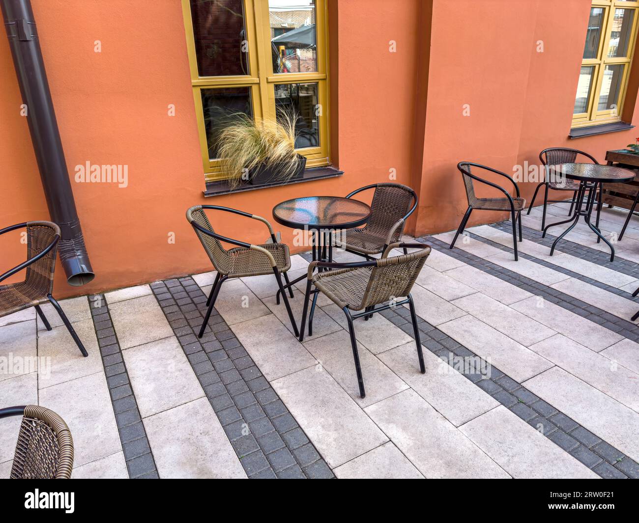 empty street cafe with tables and chairs in the morning on sunday Stock ...