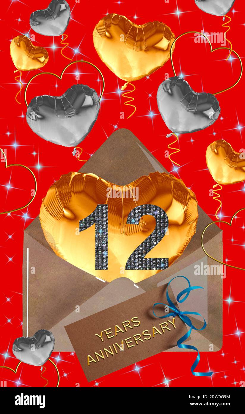 3d illustration, 12 anniversary. golden numbers on a festive background ...
