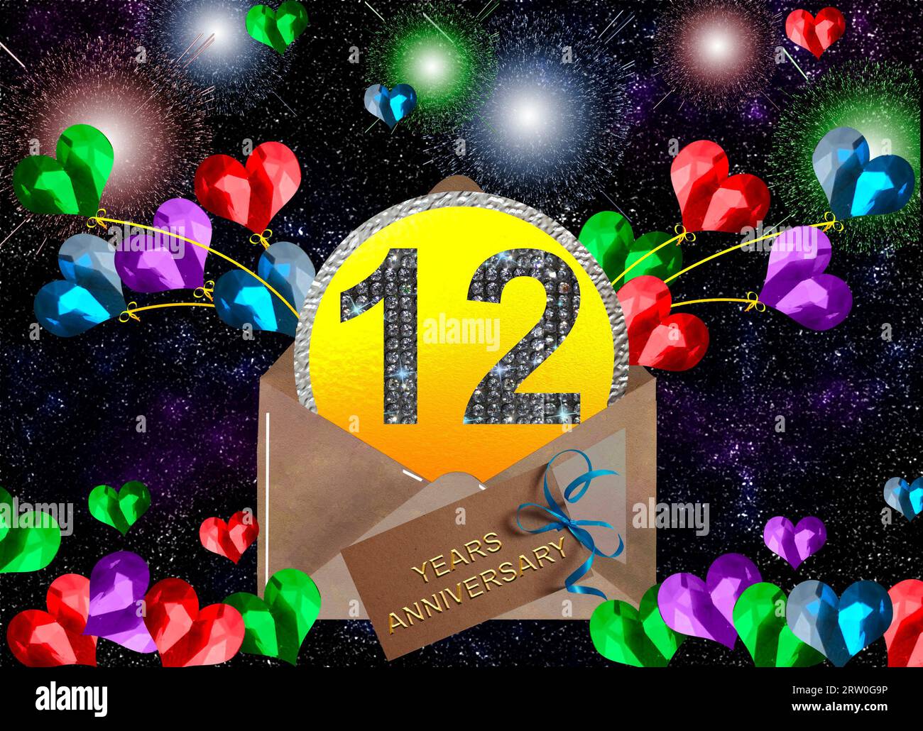 3d illustration, 12 anniversary. golden numbers on a festive background ...