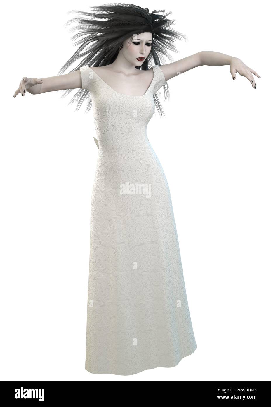 Gothic ghost woman with long black hair wears white gown, 3D ...