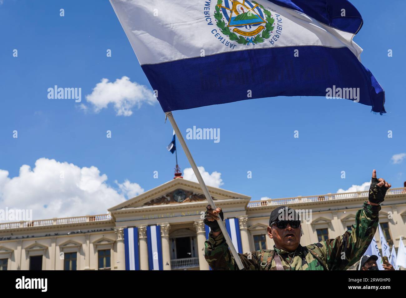 San Salvador, El Salvador. 15th Sep, 2023. War Veterans chant slogans ...