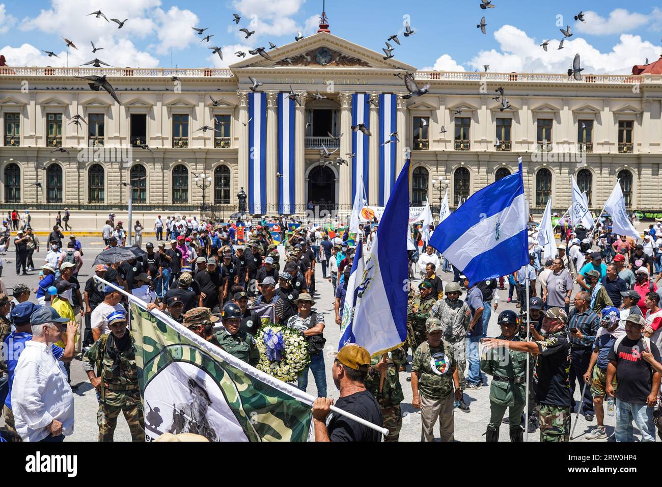 San Salvador, El Salvador. 15th Sep, 2023. War Veterans chant slogans ...