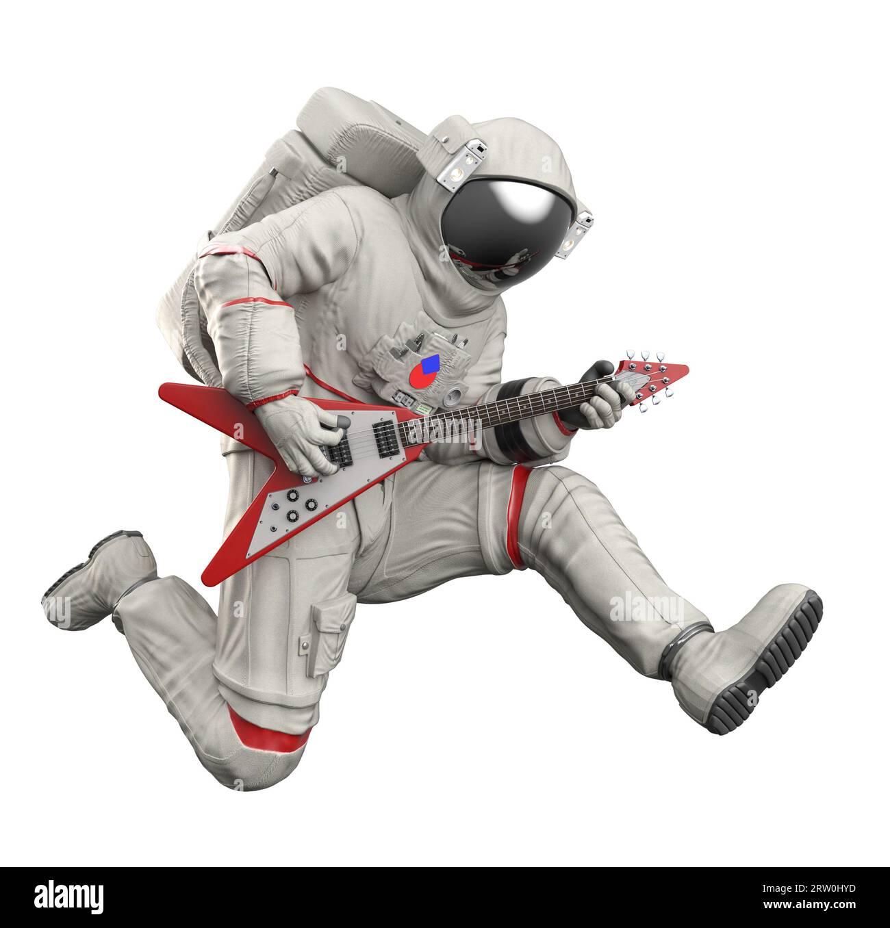 Abstract man in gray astronaut or spaceman suit with guitar, 3D ...
