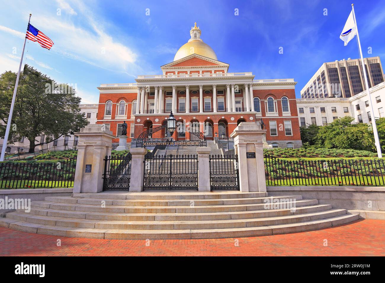 Massachusetts State House and State Library. Imposing red building with ...