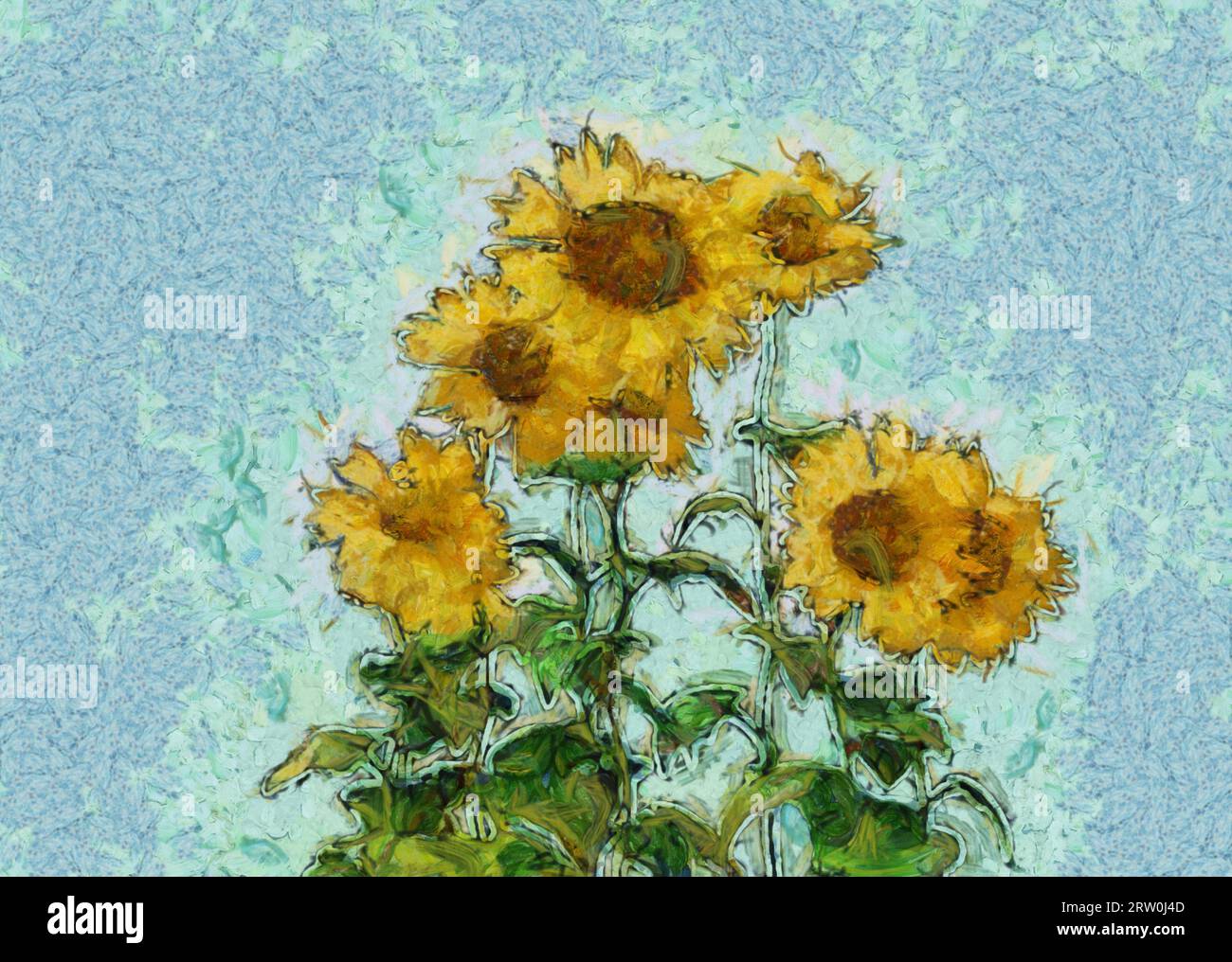 Yellow sunflowers over blue background, photo manipulation, digital ...