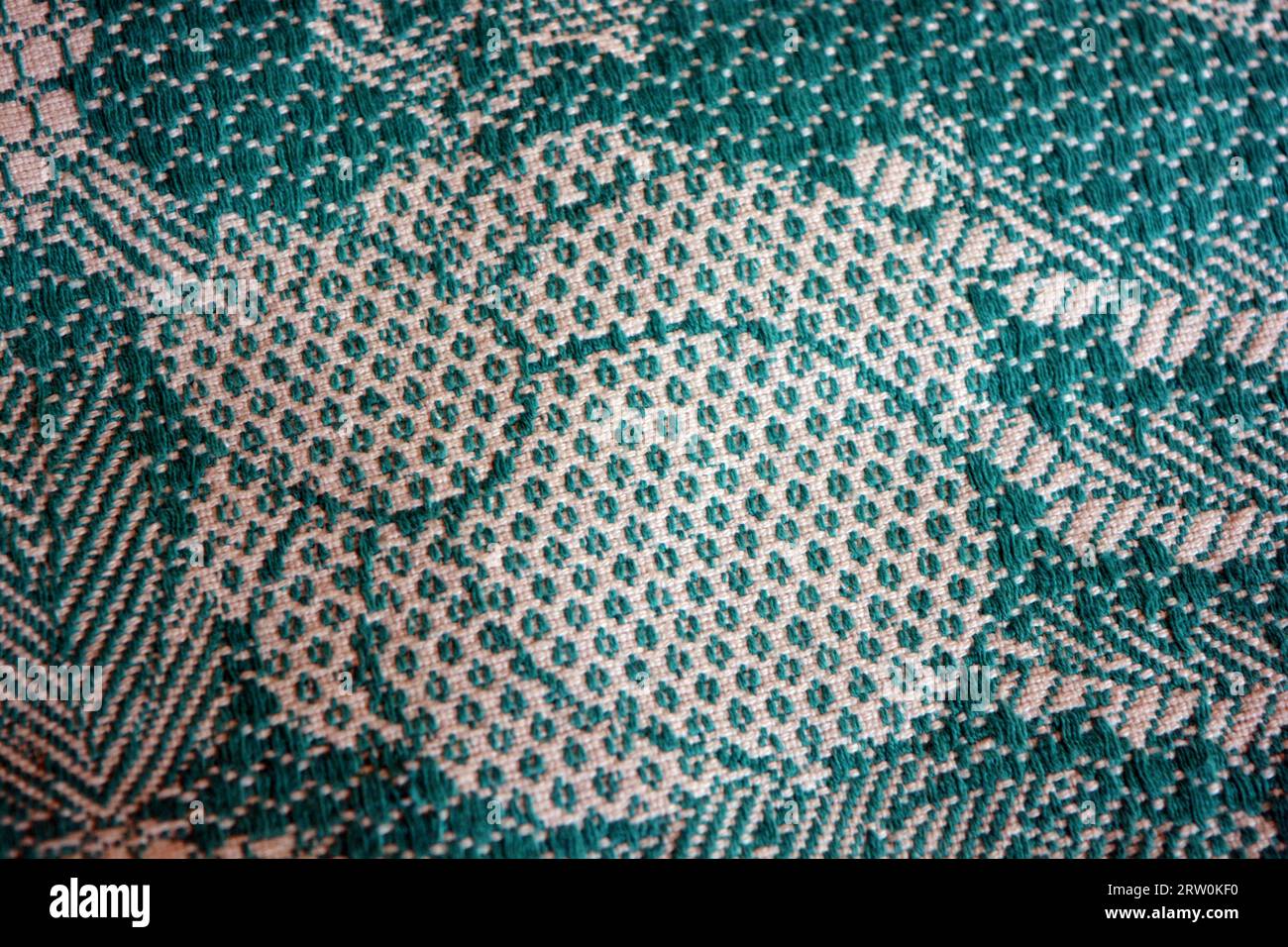 Cotton fabric, fabric of dense green and white threads. Beautiful ...