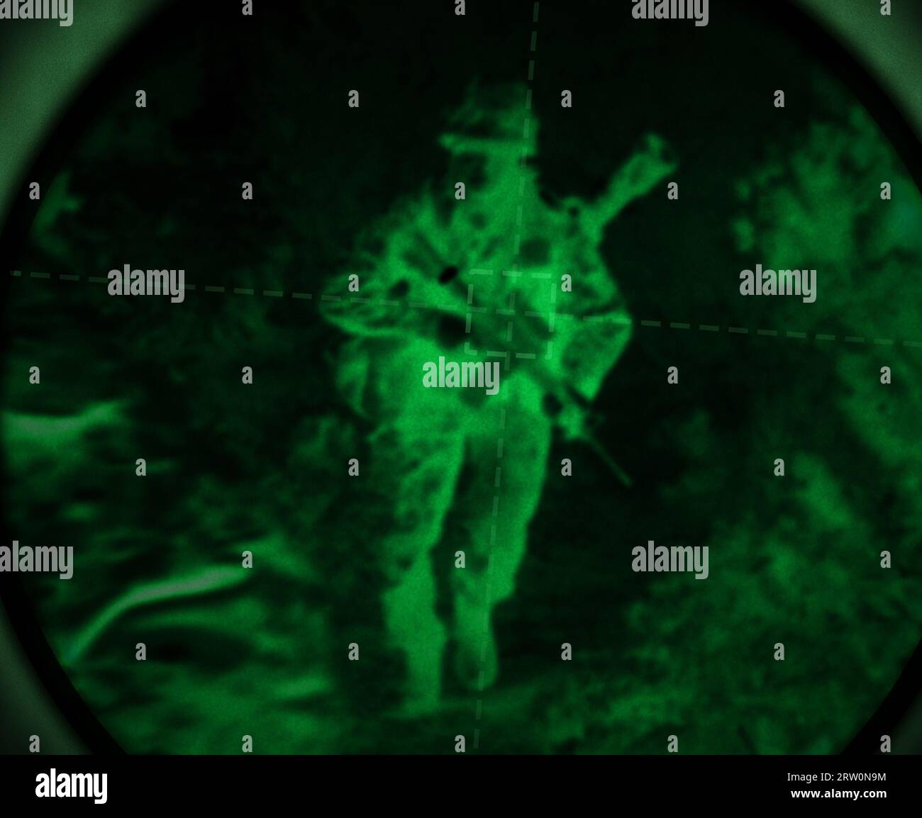 Dark, night vision and soldier in the military, war or mission for army ...