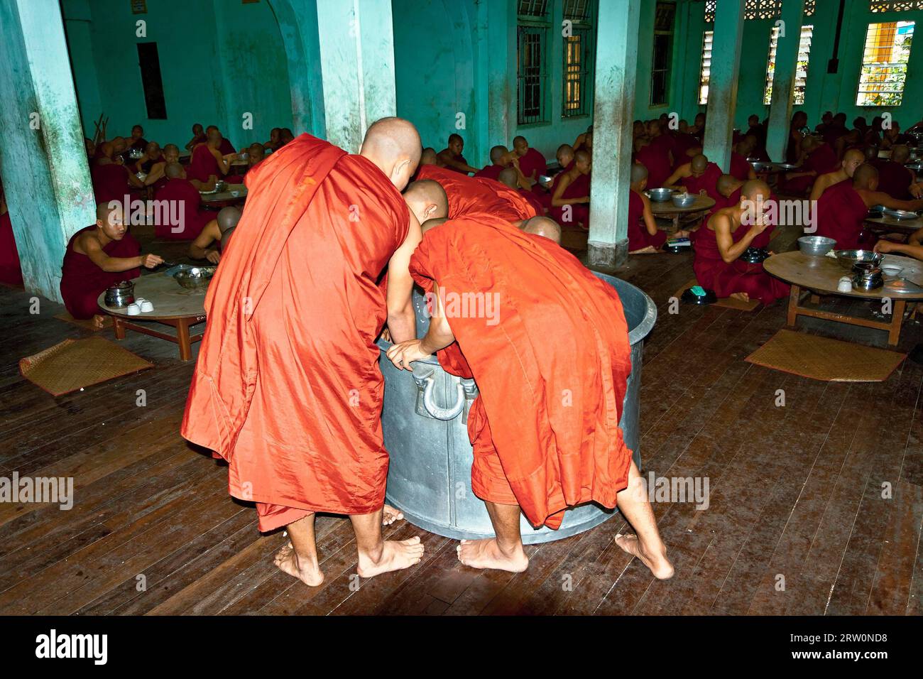 Monks having lunch at Bago Monastery School, Myanmar Stock Photo - Alamy
