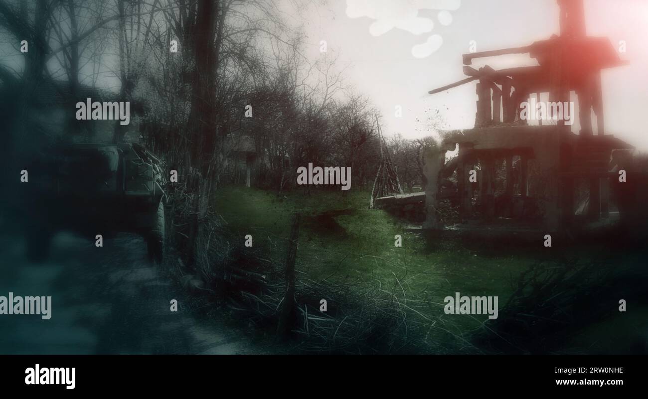 Military, warzone and apocalypse with conflict on battlefield for ...