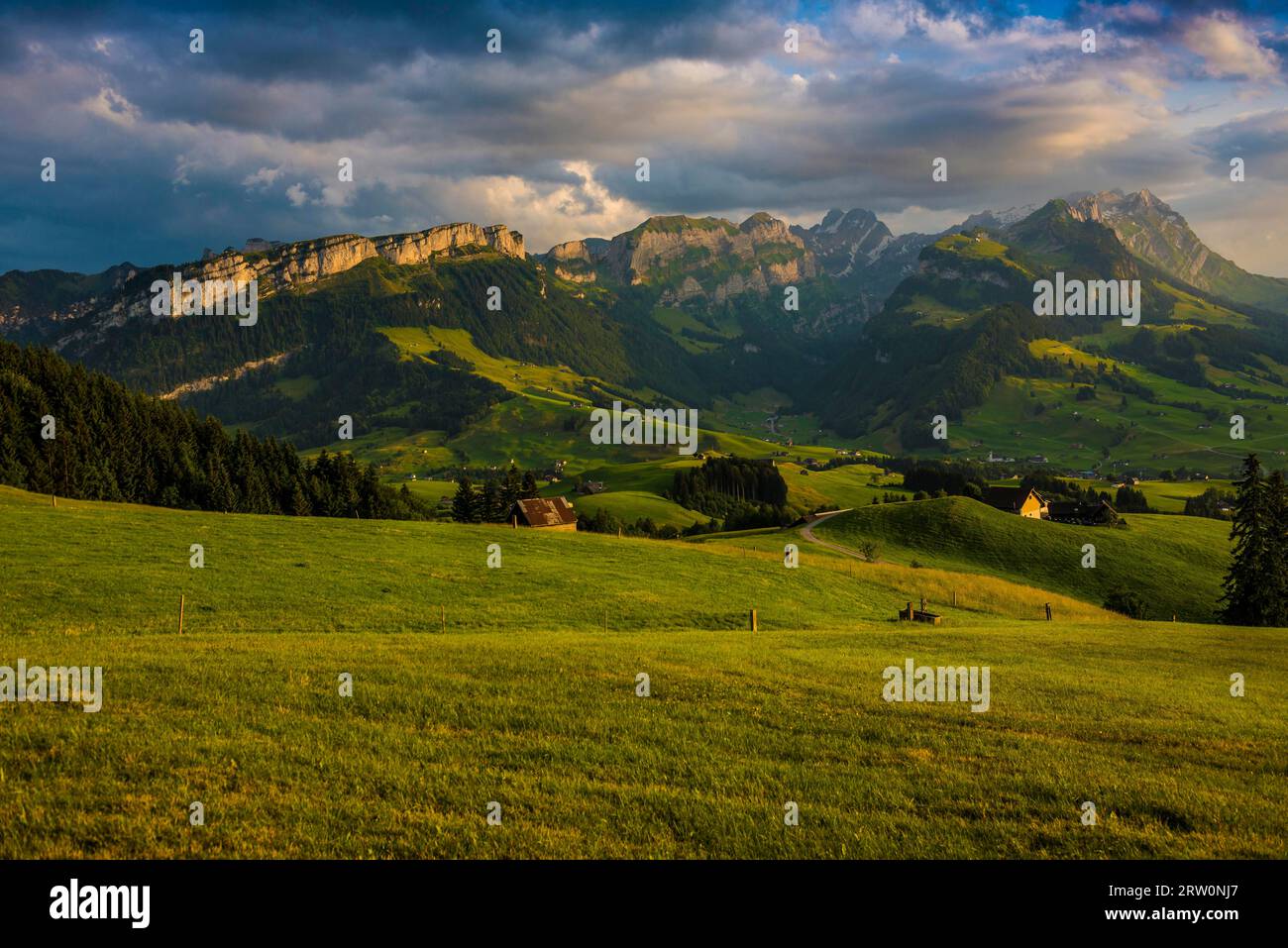 Alpine huts, Faehnerenspitz, sunset, view of the Alpstein massif with ...