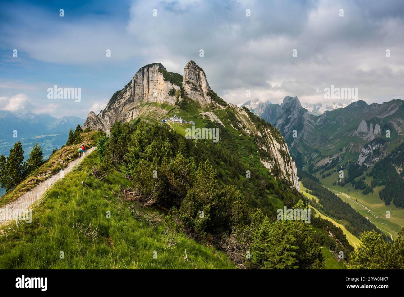 Steep mountains and hiking trail, Hoher Kasten, Saxer Luecke, Alpstein ...