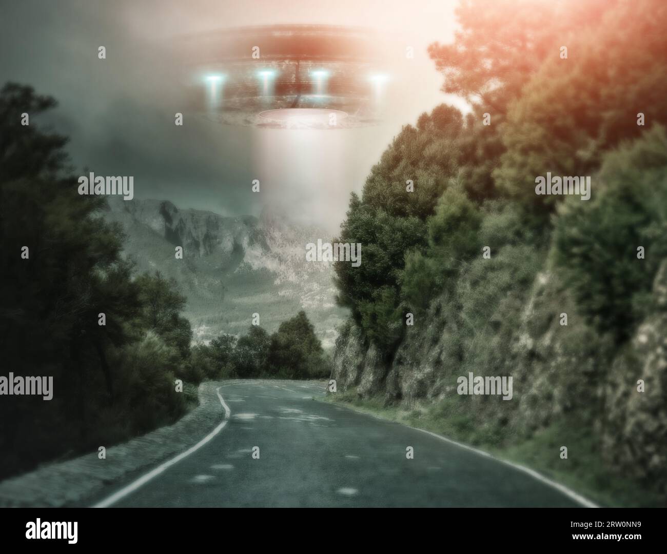 Road, UFO and spaceship with nature, galaxy mission and planet with ...